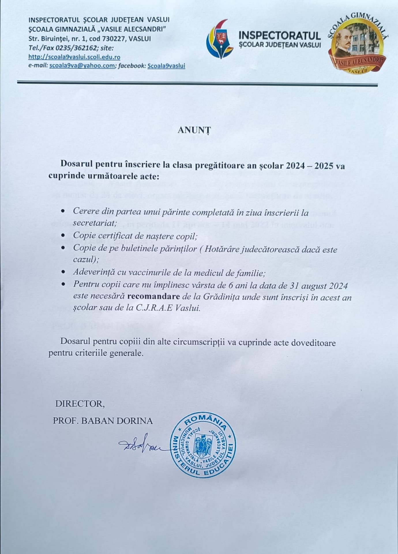 Înscrierea în Clasa Pregătitoare – Școala Gimnazială (nr.9) "Vasile ...